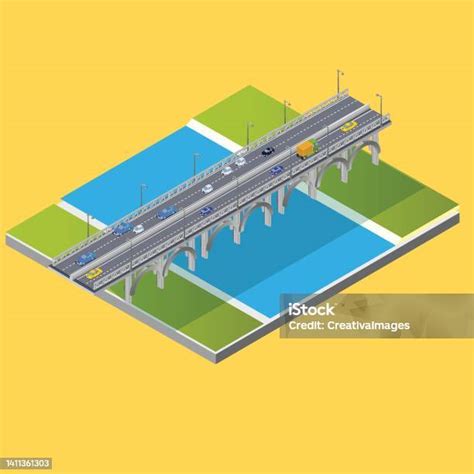 Vehicles Passing Bridge Isometric 3d Vector向量圖形及更多等軸測投影圖片 等軸測投影 河