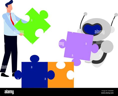 Businessman Build A Jigsaw Puzzle Together With A Robot Collaboration Of Personnel With