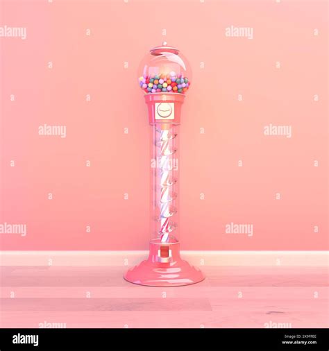 A Pink Vintage Gumball Dispensing Machine Filled With Multicolored