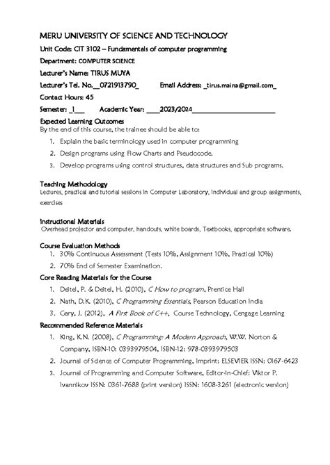 Cit 3102 Fundamentals Of Computer Programming Course Outline Meru