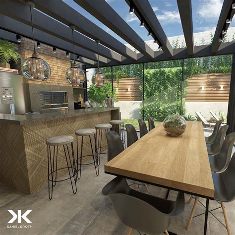 Espaço Gourmet Inundado Pela Claridade E Privilegiando O Visual Para O Jardim E Piscina O Verde