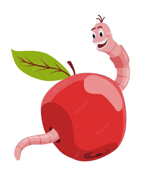 Premium Vector Funny Worm Pink Happy Crawler Creeps On Apple And