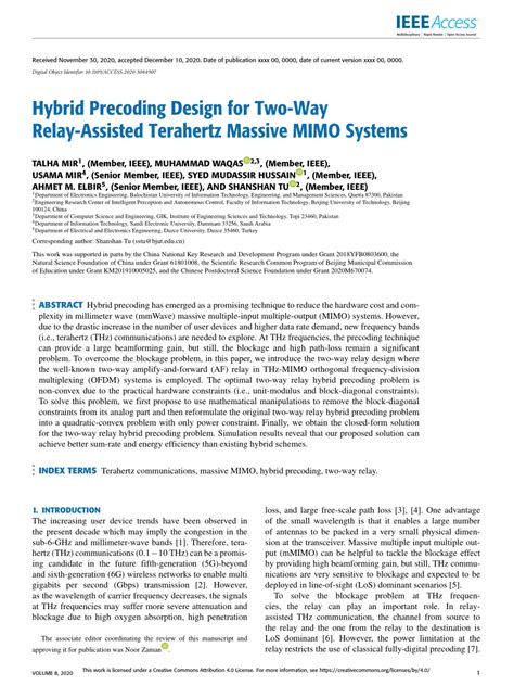 Pdf Hybrid Precoding Design For Two Way Relay Assisted Terahertz Massive Mimo Systems
