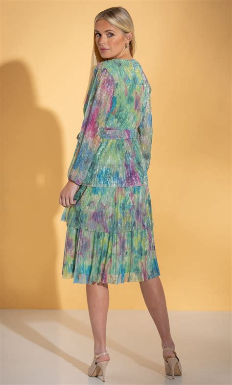 Shimmer Tiered Printed Dress In Multi Klass