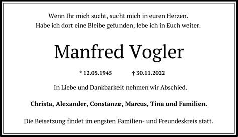 Traueranzeigen Von Manfred Vogler Trauer Op Online De
