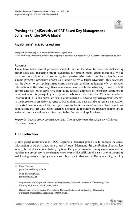 Proving The Insecurity Of Crt Based Key Management Schemes Under Saoa Model Request Pdf