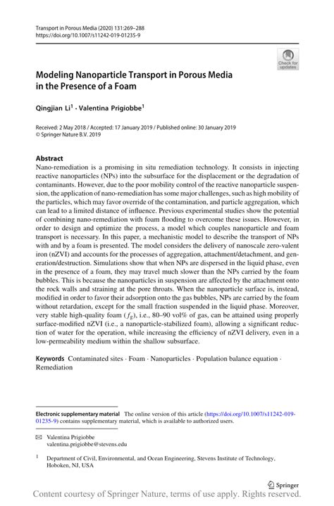 Modeling Nanoparticle Transport In Porous Media In The Presence Of A Foam Request PDF