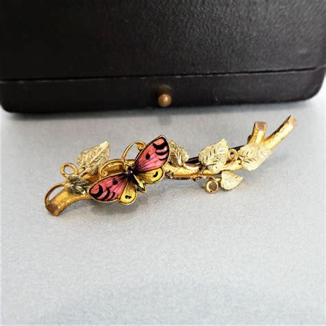 Beryl Lane Antique Victorian 15ct Gold Enamel Butterfly Leaf Branch