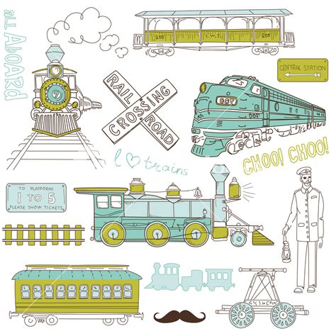 Collection Of Vintage Trains And Railroad Doodles Royalty Free Stock