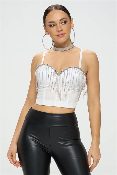 Rhinestone Fringe Trim Bustier Crop Top Ohyes Fashion