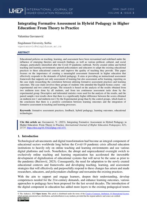 Pdf The Integrating Formative Assessment In Hybrid Pedagogy In Higher Education From Theory