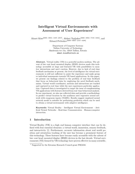 Pdf Intelligent Virtual Environments With Assessment Of User Experiences
