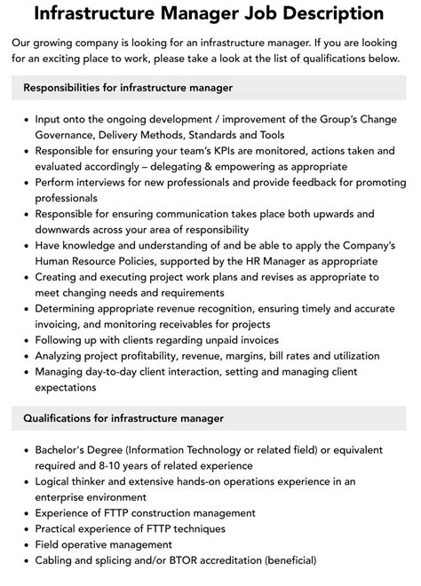 Infrastructure Manager Job Description Velvet Jobs