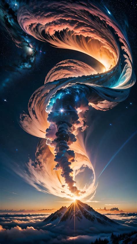 A Very Large Cloud Is Coming Out Of A Mountain With A Star In The Sky