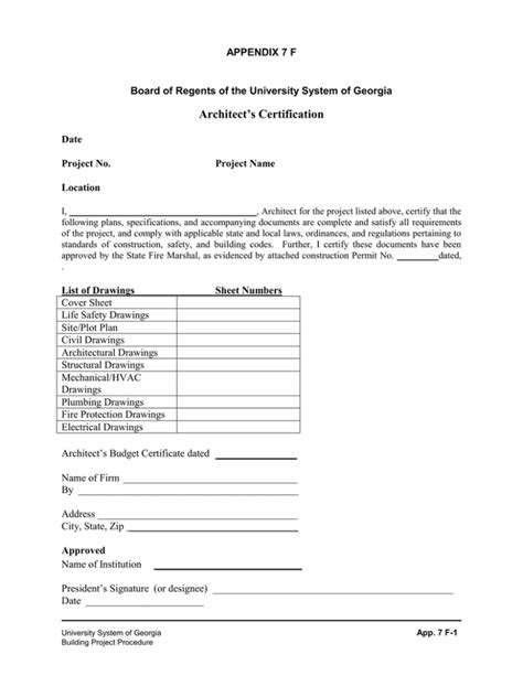 Architects Certification Appendix 7 F