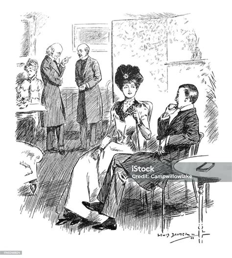 英國諷刺漫畫動畫片例證夫婦坐在談話人站立的談話例證向量圖形及更多1880 1889圖片 1880 1889 1899 19世紀風格