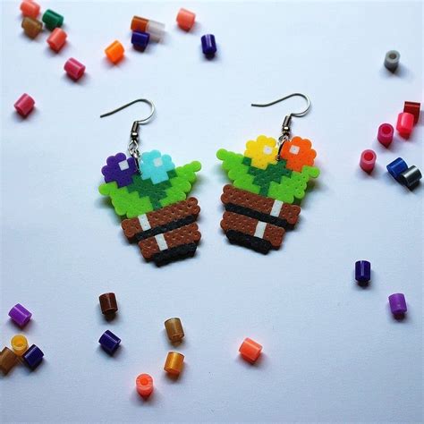 Flower Pot Earrings Perler Beads Designs Easy Perler Bead Patterns