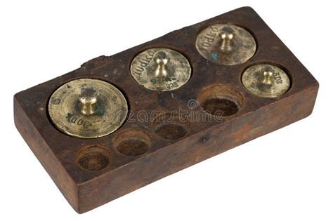 Vintage Wooden Box With Scale Weights Set On White Stock Image Image