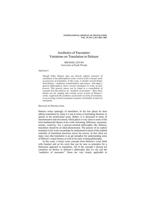 Aesthetics Of Encounter Variations On Translation In Deleuze