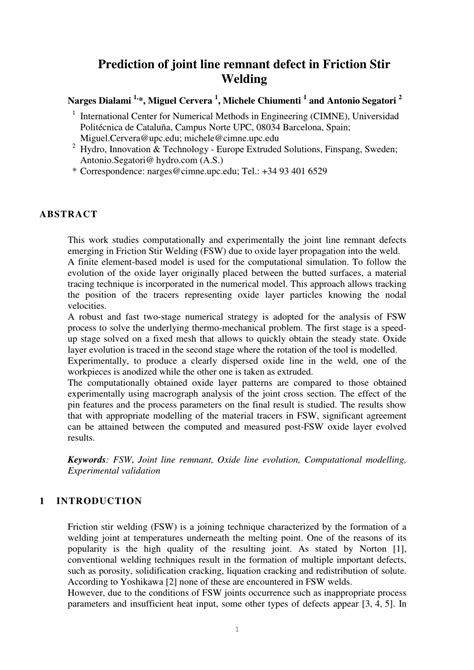 Pdf Prediction Of Joint Line Remnant Defect In Friction Stir Welding
