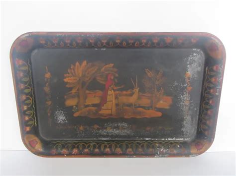 ANTIQUE 19TH CENTURY Pennsylvania Tin Toleware Folk Art Tray Red