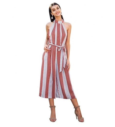 Womens Summer Loose Halter Sleeveless Striped Wide Leg Jumpsuit