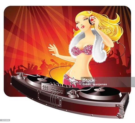 아름다운 여자 디스크 자키 게임하기 턴테이블 있는 나이트클럽 벡터에 대한 스톡 벡터 아트 및 기타 이미지 벡터 관능 관중 Istock