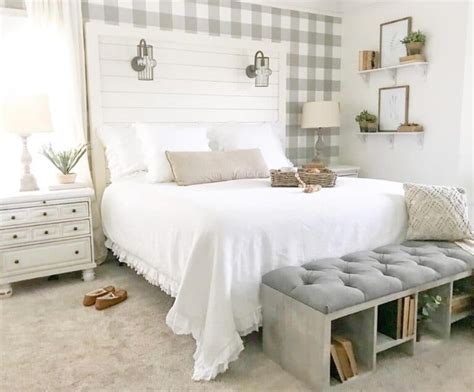 White Shiplap Headboard And Beige Checkered Wall Soul Lane