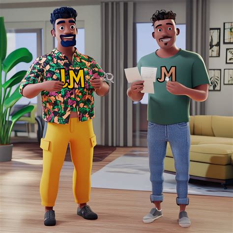 임대인 J는 졸라맨 스타일의 캐릭터로 밝은 색상의 셔츠와 바지를 입고 있으며 한 손에는 열쇠를 들고 있습니다 얼굴에는 J라는 글자가 크게 적혀 있습니다 배경은