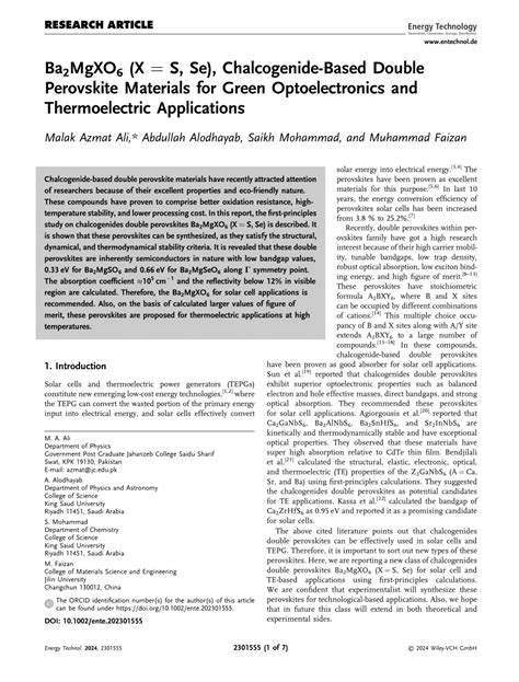 Ba2mgxo6 X S Se Chalcogenide‐based Double Perovskite Materials