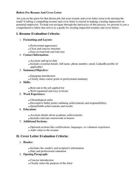 Rubric For Resume And Cover Letter Pdf Résumé Cognition