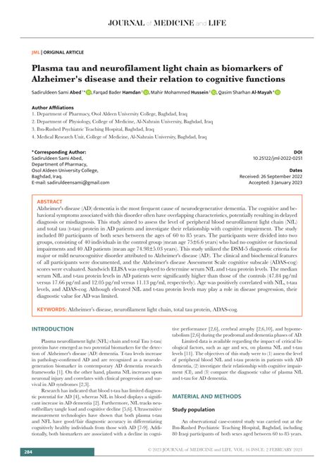 Pdf Plasma Tau And Neurofilament Light Chain As Biomarkers Of