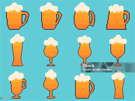 파란색 배경에 격리된 맥주의 픽셀 안경 안경에 거품이 있는 맥주 90 년대 비디오 게임의 그래픽 스타일 앱 배너 및 광고를위한 8 비트 맥주 잔 디자인 벡터 그림 Ale에