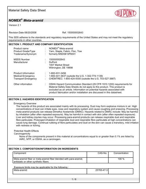 Dupont Msds For Nomex Meta Aramid Naked Whiz