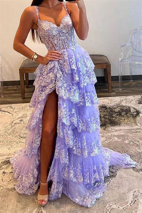 Off The Shoulder Tiered Prom Dress Sparkly Lace Appliques Evening Part