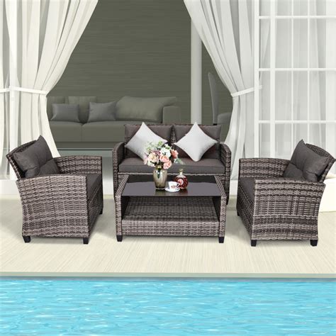 4 Pieces Patio Rattan Furniture Set Coffee Table Cushioned Sofa Costway