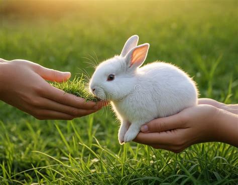 A Very Small Rabbit Cute White Eating Green Grass On Human Hands Warm Light Cinematic