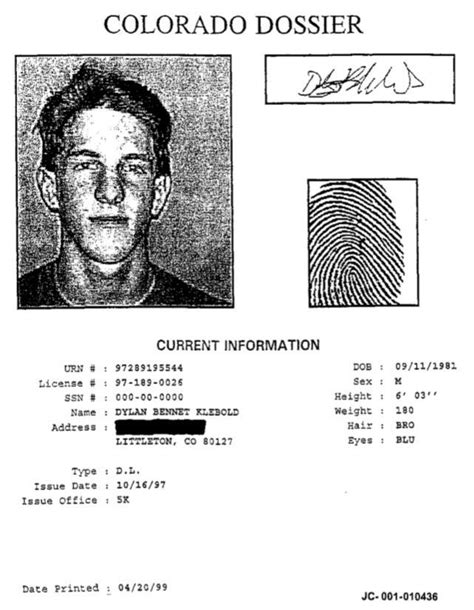 Dylan Klebolds License Dossier Rcolumbinekillers