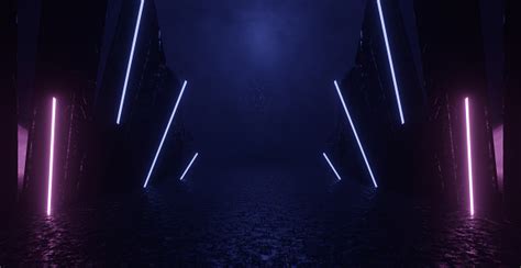 상상의 현대 터널 복도 차고 쇼룸 지하 홀 흥미로운 연기 체적 보라색 클럽 배너 배경 3d 렌더링 0명에 대한 스톡 사진 및 기타 이미지 Istock