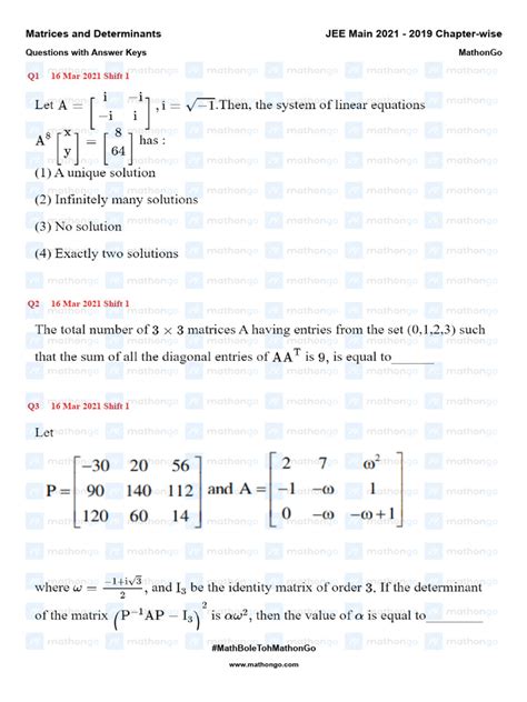 Matrices And Determinants Jee Main 2021 2019 Chapter Wise Pdf