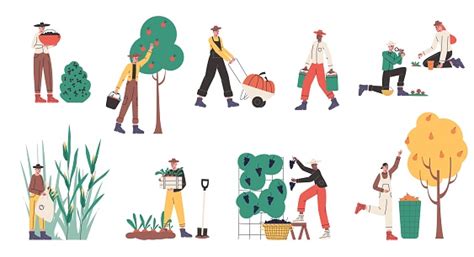 만화 수확 농부 바구니와 양동이를 들고 자연 작물을 모으는 사람들 사람들은 과일을 따고 채소를 따기도 한다 작업복을 입은 농업