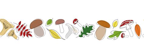 단일 연속 선 그리기 스타일의 다양한 종류의 버섯을 원활하게 배너합니다 손으로 그린 그림을 스케치합니다 버섯 벡터는 색이 지정된