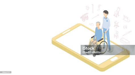 휠체어를 탄 노인의 스마트폰과 신경쓰는 남자의 스마트폰으로 쇼핑하기 쉬운 그림 진료소에 대한 스톡 벡터 아트 및 기타 이미지 진료소 등측투영법 요양 시설 Istock