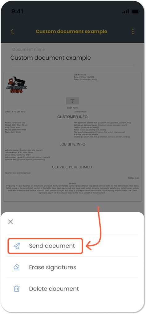 generating and sending custom documents on the mobile app workiz