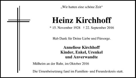 Traueranzeigen Von Heinz Kirchhoff Trauer In Nrw De