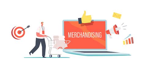 거대한 노트북에서 홍보 제품으로 작은 프로모터 남성 캐릭터 푸시 트롤리 머천다이징 브랜드 아이덴티티 T 셔츠에 대한 스톡 벡터 아트 및 기타 이미지 Istock