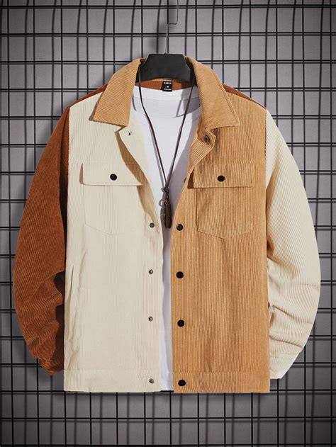 Men Colourblock Flap Pocket Corduroy Jacket In 2023 Jackets Mens