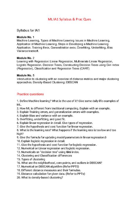 Ml Ia1 Syllabus And Prac Ques Ml Ia1 Syllabus And Prac Ques Syllabus For Ia 1 Module No 1 Machine