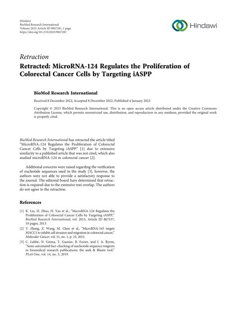 PDF Retracted MicroRNA 124 Regulates The Proliferation Of Colorectal