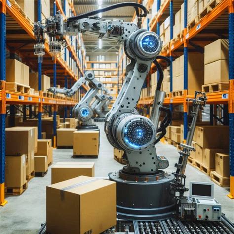 Robotic Arm Picking Up A Cardboard Box In The Warehouse Stock